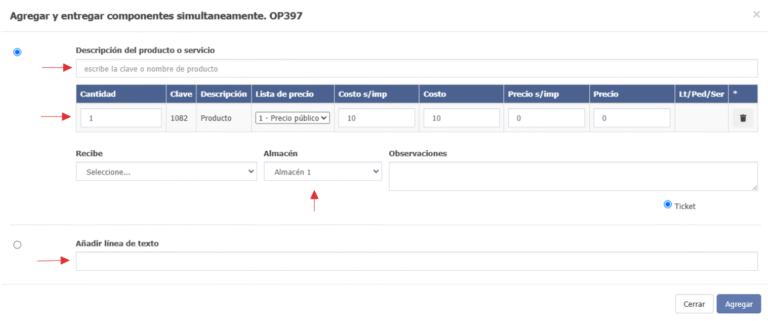 Agregar y entregar componentes en una orden de produccion - pvnube